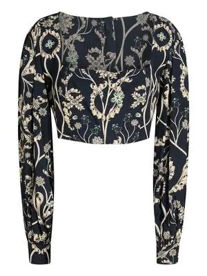 Agua Bendita Pera Gema Cropped Printed Twill Top - Midnight Blue