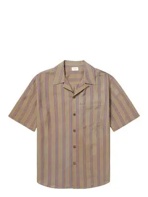Saint Laurent Camp-collar Logo-embroidered Striped Twill Shirt - Brown
