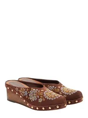Farm Rio Floral Suede Clogs - Brown