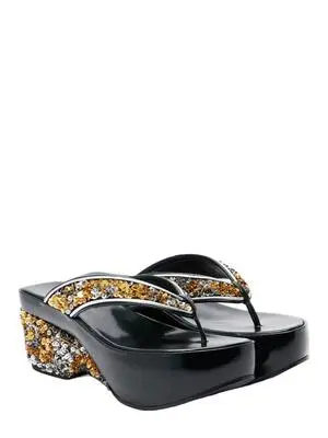 Dries Van Noten Sequined Wedge Thong Sandals - Black