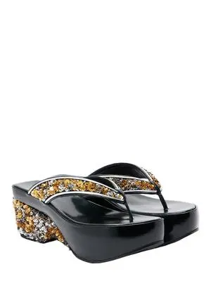 Dries Van Noten Sequined Wedge Thong Sandals - Black