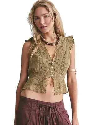 Free People Embroidered Peplum Top - Aloe