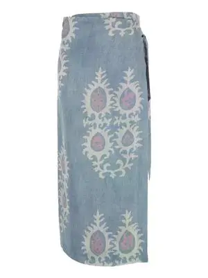 BAZAR DELUXE Floral Print Tie Linen Skirt - Blue