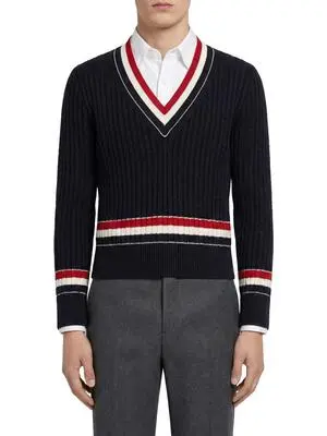 Thom Browne Cotton V-neck Jumper - Navy