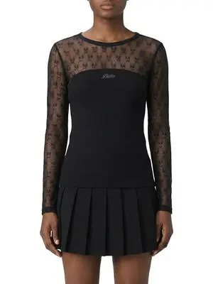 Pinko Long-sleeve T-shirt With All-over Logo Tulle Inserts - Black