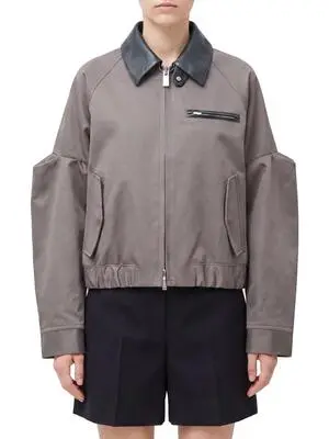 Sacai Short Cotton Shirt Jacket With Leather Collar - Grey