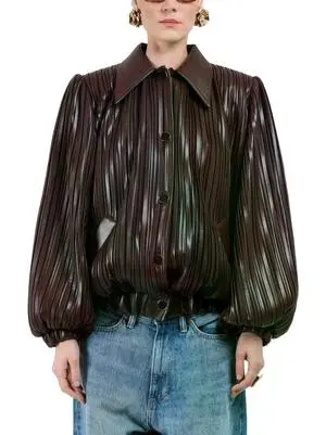ROWEN ROSE Pleated Short Bomber Jacket - Brown