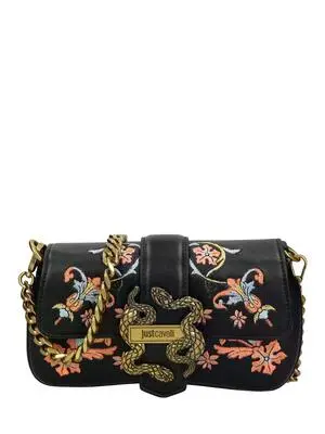 Just Cavalli Floral Print Snake-detail Shoulder Bag - Black