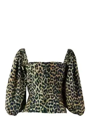 GANNI Leopard-print Puff-sleeved Top - Neutrals