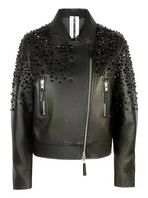 SWORD 6644 Leather Biker Jacket With Decorative Appliqués - Black