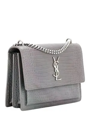 Saint Laurent Sunset Crocodile Embossed Leather Medium Crossbody Bag - Grey
