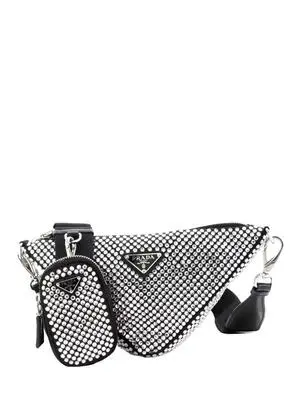 Prada Triangle Logo Zip Crystal Embellished Satin Small Crossbody Bag - Black
