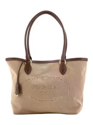 Prada Logo Open Canvas Medium Tote Bag - Brown