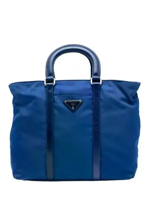 Prada Vitello Trimmed Tessuto Satchel - Blue