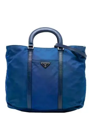 Prada Vitello Trimmed Tessuto Satchel - Blue