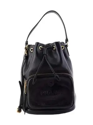 PRADA Logo Drawstring Glace Calf Small Bucket Bag