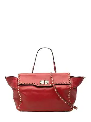 Valentino Garavani 2000-2025 Medium Leather Rockstud Trapeze Flap Satchel - Red