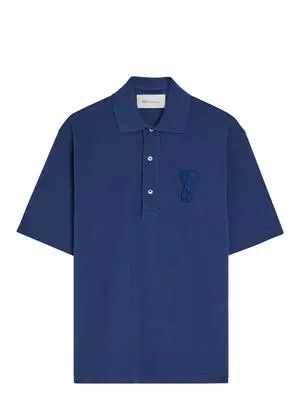 AMI Paris Logo-appliquéd Piqué Cotton Polo Shirt - Navy