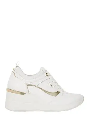 DUNE Elarah Leather Wedge Trainers - White Leather Mix
