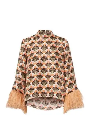 La DoubleJ Feather-trimmed Silk Twill Top - Multicoloured