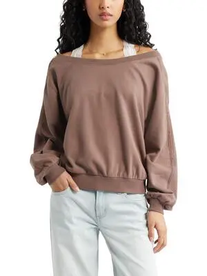 Bp. Lace Trim Off-the-shoulder Sweatshirt - Brown Quartz