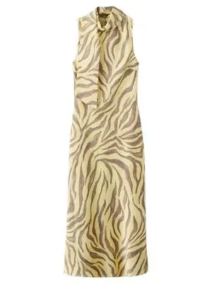 Mango Zebra Stripe Midi Dress With Scarf Detail - Yellow