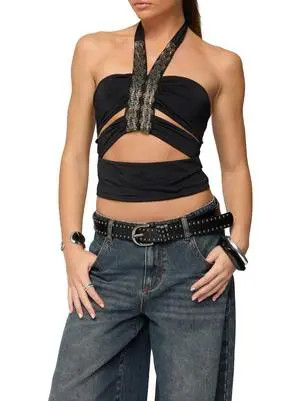EDIKTED Cutout Beaded Halter Top - Black