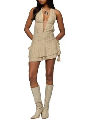 EDIKTED Distressed Halter Minidress - Tan