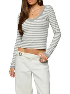 EDIKTED Kimi Stripe V-neck Crop Top - Gray-and-white