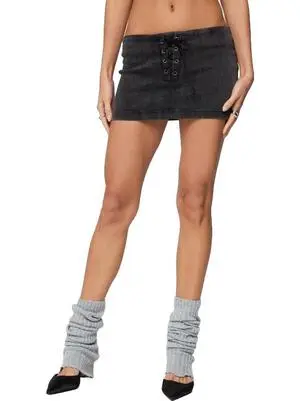 EDIKTED Lace Up Denim Mini Skirt - Black-washed