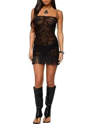 EDIKTED Sophina Fringe Trim Lace Mini Dress - Black