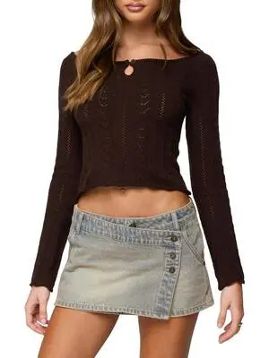 EDIKTED Pointelle Knit Crop Top - Brown