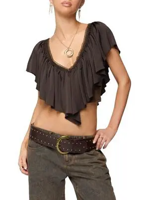 EDIKTED Deena Ruffle V-neck Top - Dark-gray