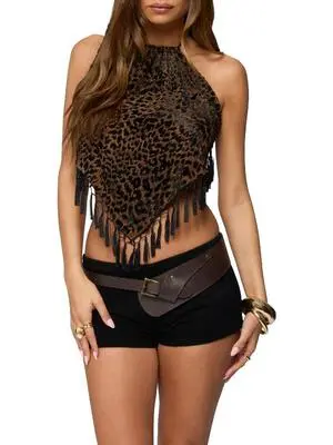 EDIKTED Tassel Trim Halter Crop Top - Brown