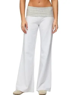 EDIKTED Striped Fold-over Waist Wide Leg Pants - White