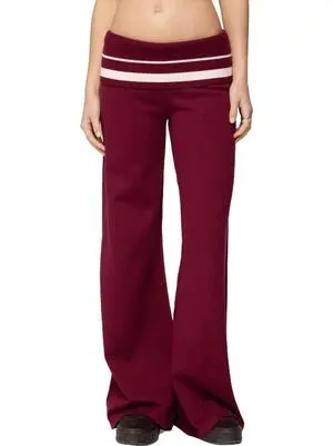 EDIKTED Striped Fold-over Sweater Pants - Burgundy