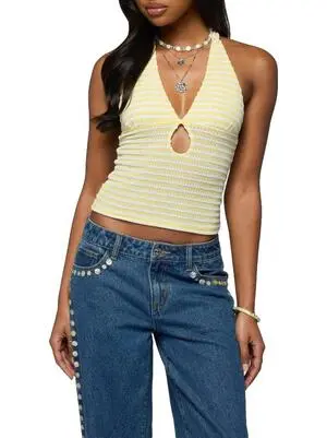 EDIKTED Maylah Stripe Knit Keyhole Halter Top - Yellow