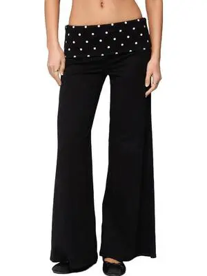 EDIKTED Polka Dot Foldover Wide Leg Pants - Black