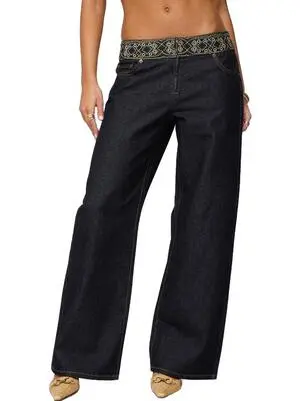 EDIKTED EDIKTED Carlie Beaded Embroidered Low Rise Wide Leg Jeans
