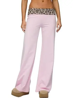 EDIKTED Leopard Print Waist Wide Leg Pants - Pink