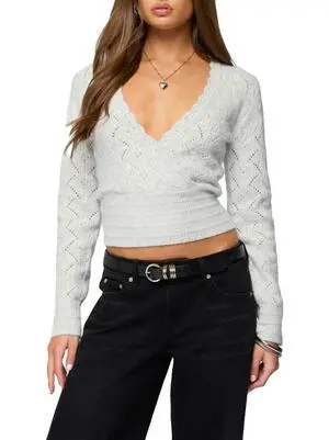 EDIKTED Pointelle V-neck Crop Sweater - Gray-melange