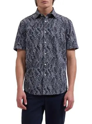 Bugatchi Miles Ooohcotton® Palm Leaf Print Short Sleeve Button-up Shirt - Navy