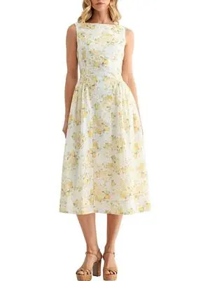 QUINCY MAE Floral Eyelet Fit & Flare Midi Dress - Yellow Floral