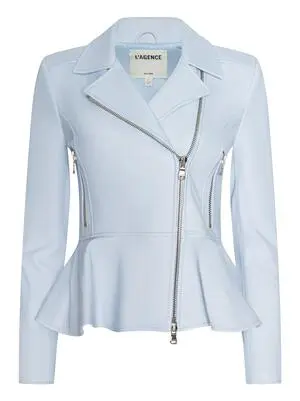 L'Agence Lyric Peplum Biker Jacket - Pale Mist Blue