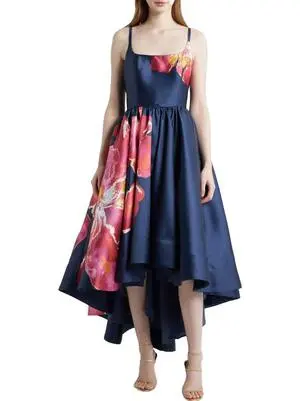 HUTCH Floral Mikado High-low Gown - Navy/raspberry Watercolor