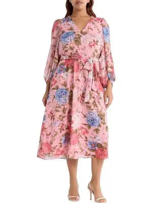 Anne Klein Floral Print Stretch Georgette Midi Dress - Calypso Coral Multi
