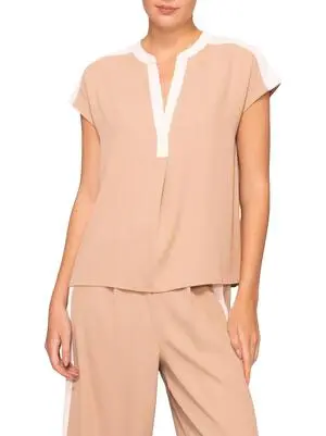 MELLODAY Split Neck Cap Sleeve Top - Light Khaki/bone