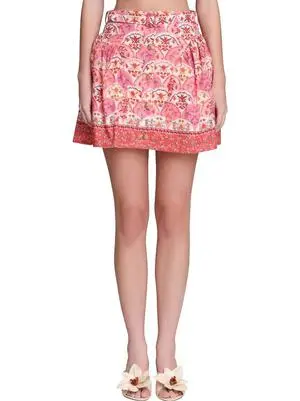 Avec Les Filles Belted Shirred Stretch Cotton & Linen Miniskirt - Scallop Floral