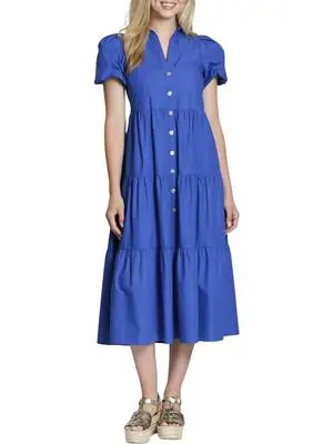 APNY Puff Sleeve Tiered Midi Dress - Dazzling Blue