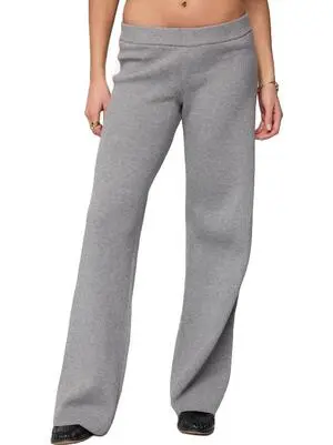 EDIKTED Lorie Rib Knit Wide Leg Pants - Gray-melange